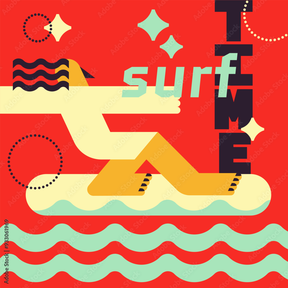 "Surf Time" poster. Dynamic illustration on a red background ...