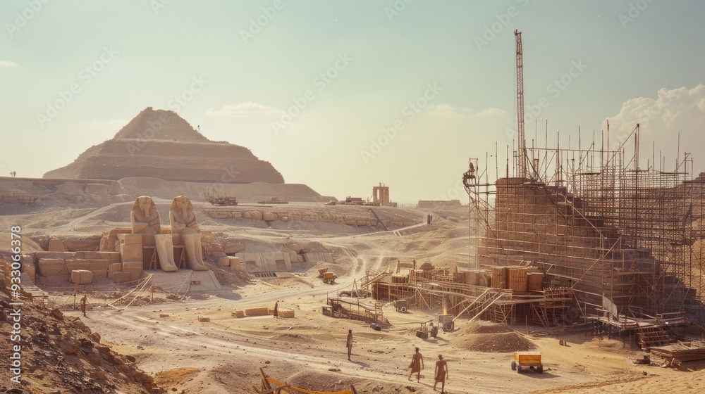 Ancient construction site in a desert with scaffolding around monuments ...
