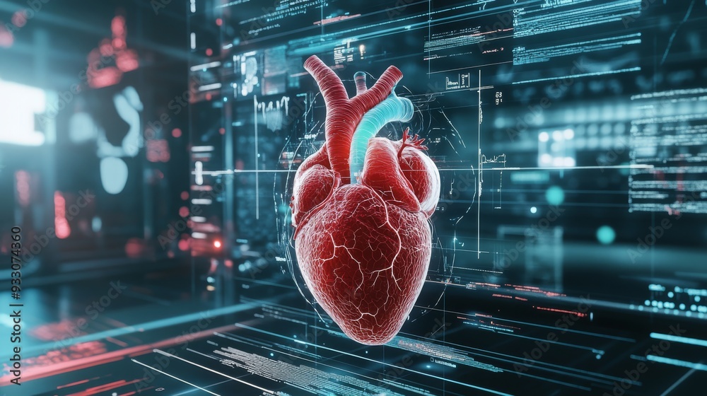 Detailed illustration of human heart anatomy in a futuristic medical ...