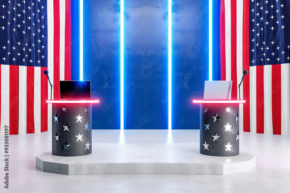 Debate Stage with American Flags and Modern Lighting. Stylish debate ...