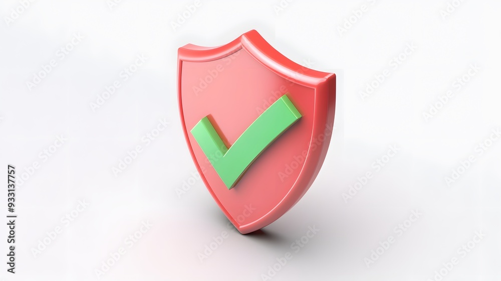 cartoon 3d Icon safety shield green check mark perspective . red symbol ...