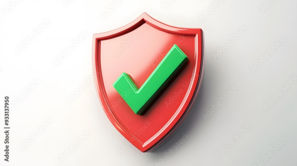 cartoon 3d Icon safety shield green check mark perspective . red symbol ...