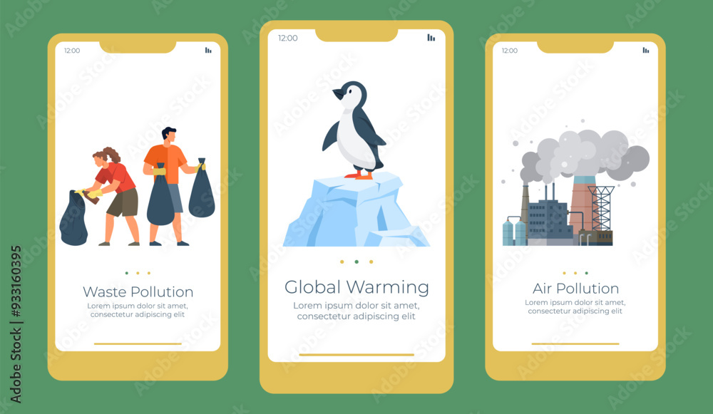 Mobile interface illustration showcasing waste pollution, global ...