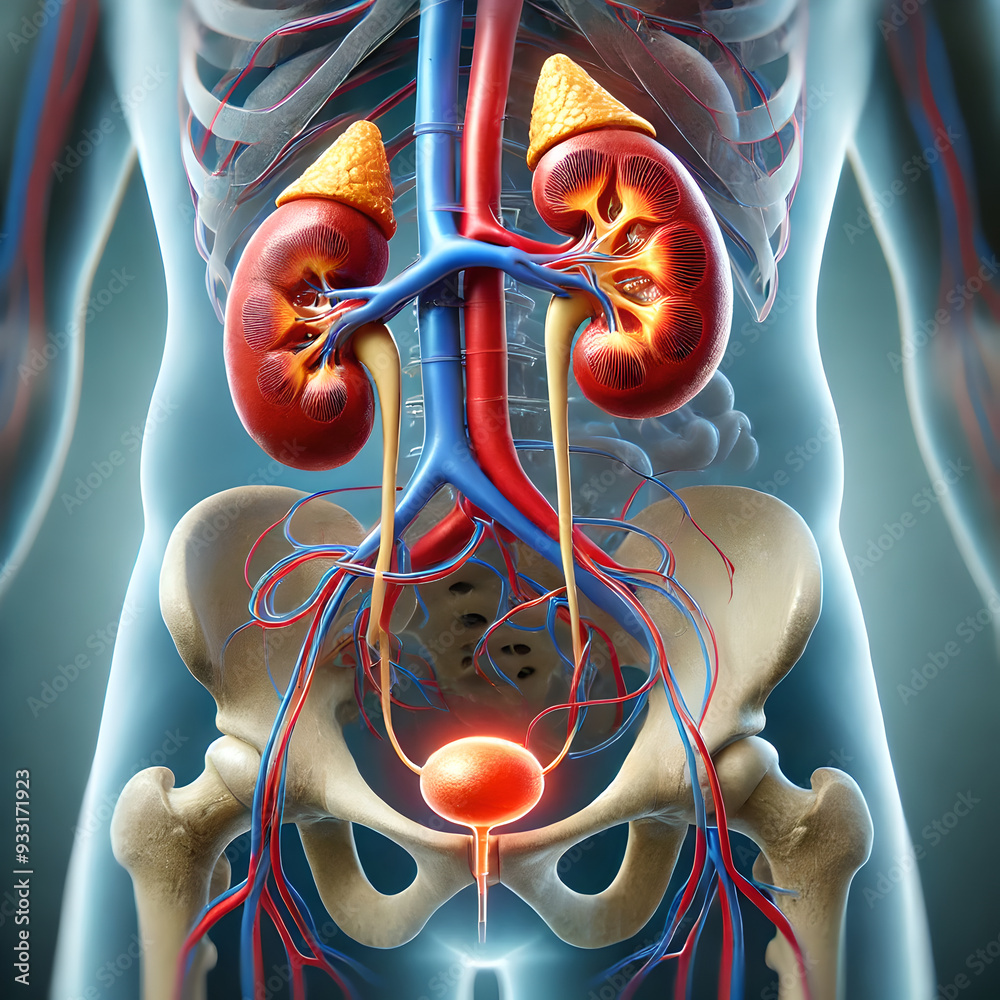 Ilustração 3D process of a kidney transplant, showing the newly ...