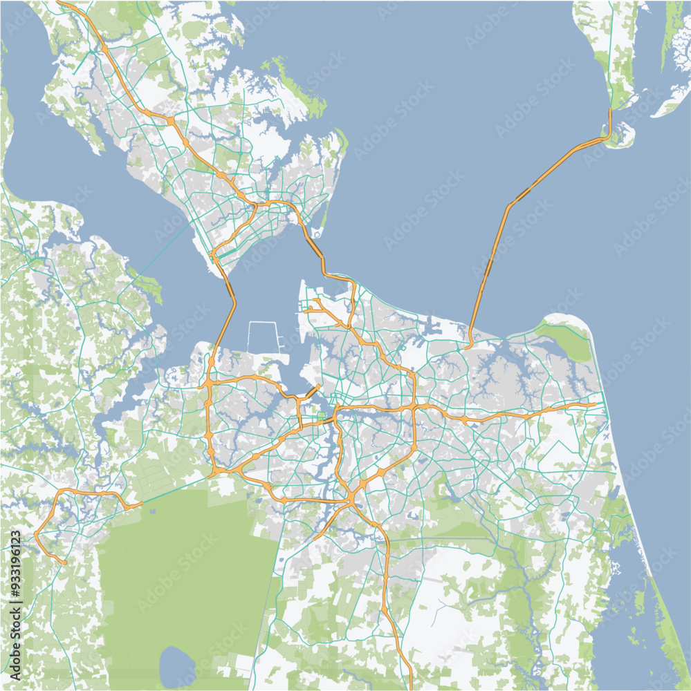 Road map of Virginia Beach in Virginia. Contains layered vector with ...