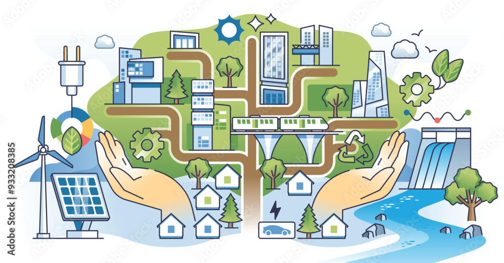 Sustainable city with green energy or lush parks outline hands concept ...