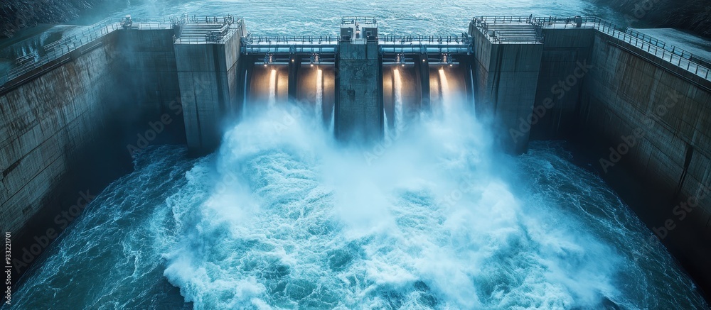 Powerful Water Flow Through a Large Dam Structure During Daytime with ...