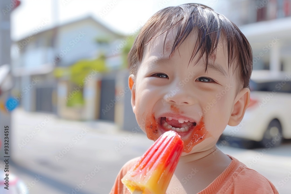 Cute young boy delightful smile savoring his favorite meal. Cute little ...