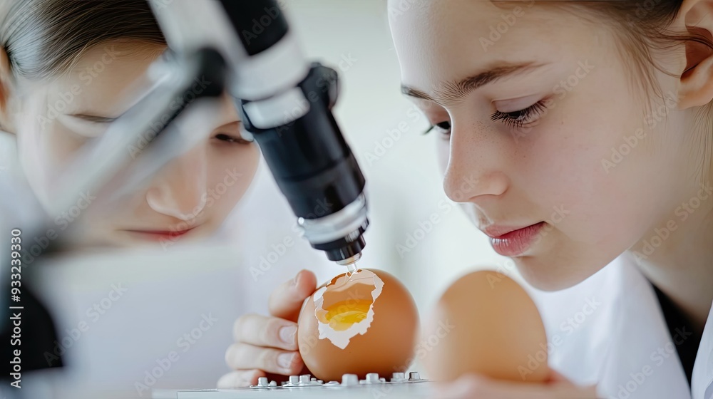 Young Scientists Examining Egg Under Microscope in Laboratory Setting ...