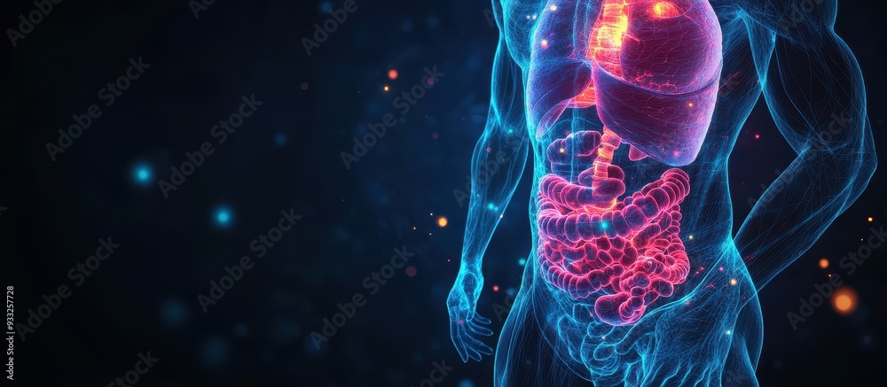 Human Digestive System Illustration with Glowing Intestines and Organs ...