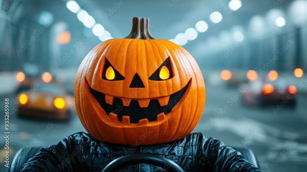 Spooky Halloween Race â€“ Cartoon Pumpkin in Race Car Costume Speeding ...