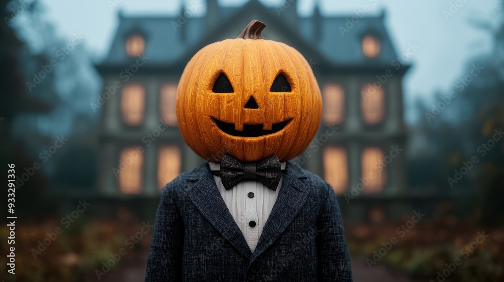Dapper Pumpkin Character with Bow Tie and Monocle Amid Spooky Mansion ...