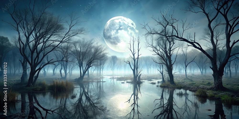 Full moon illuminating a spooky swamp with creepy leafless trees, full ...