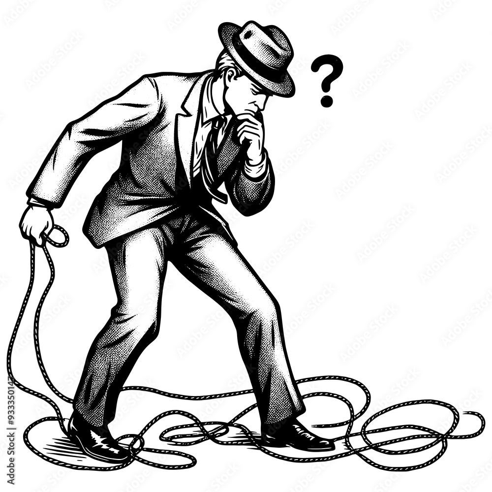 Dilemma metaphor. Perplexed man holding a rope, appearing puzzled and ...