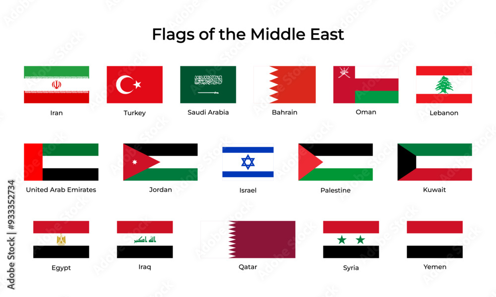 Set of all flags of the Middle East countries isolated on a transparent ...