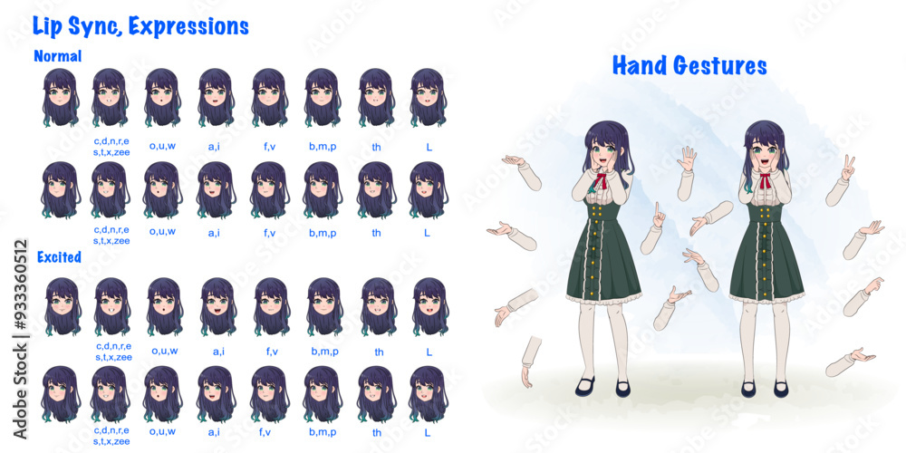 A cute korean excited girl cartoon character creation set with lip sync ...
