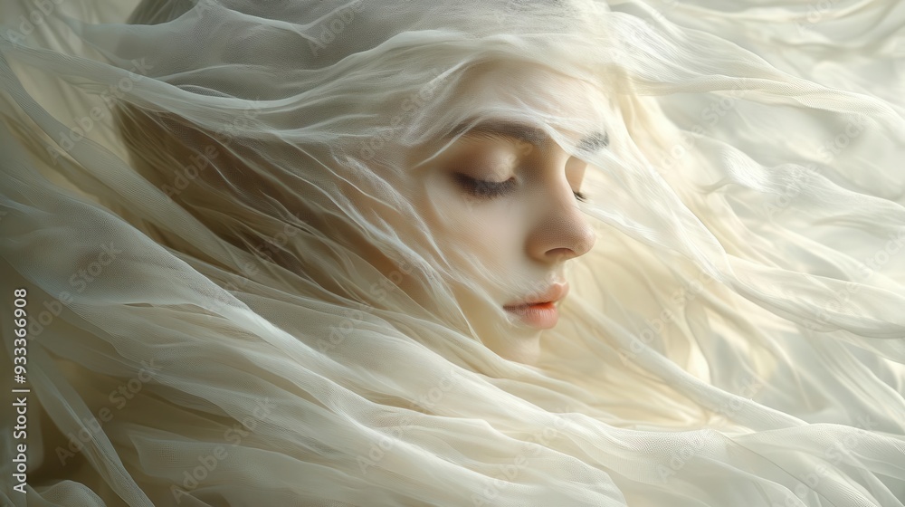 ethereal portrait of androgynous figure shrouded in diaphanous fabric soft diffused lighting ...