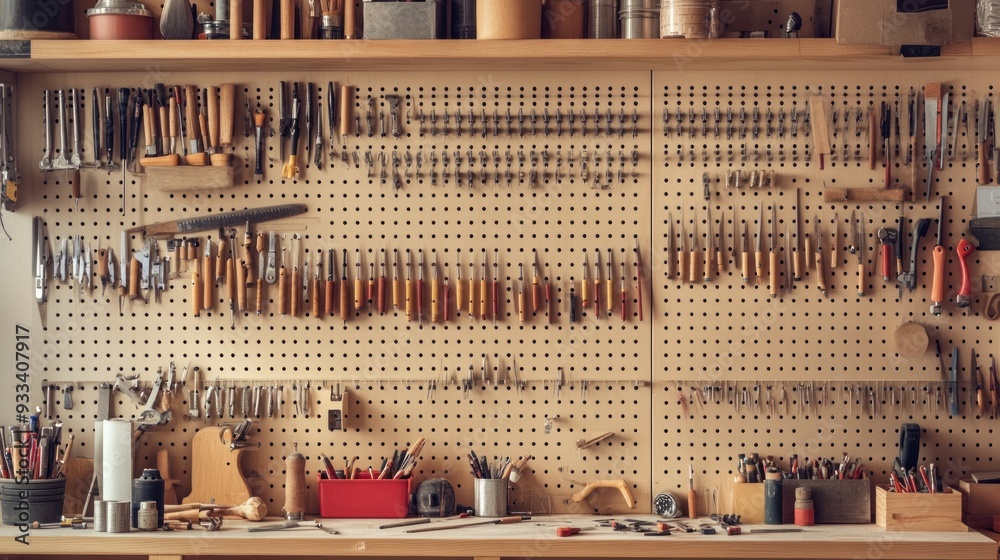 Carpenter organizing tools on a pegboard in a clean and bright workshop ...