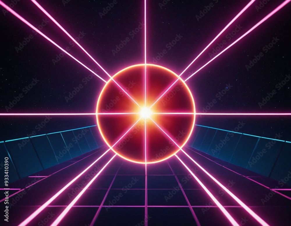 Retro synth wave Grid: Neon Lines and Digital Sun in a Futuristic ...