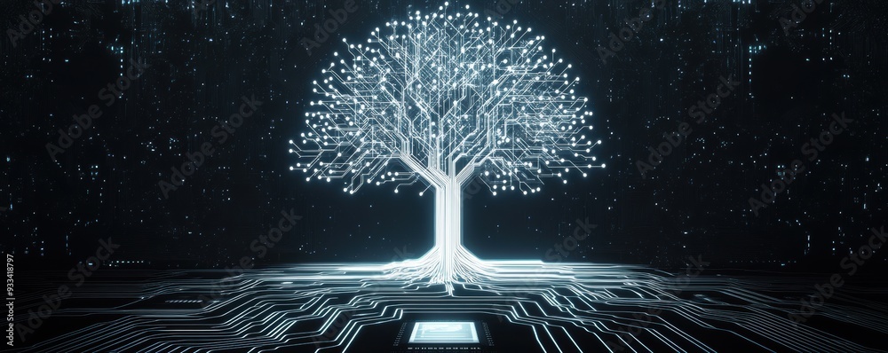 Futuristic circuit board tree with interconnected digital branches depicting technological ...
