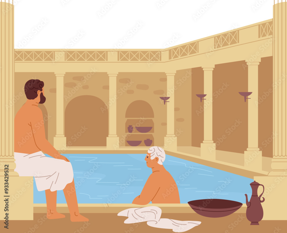 Roman thermae with columns. Ancient people of Rome in public thermal ...