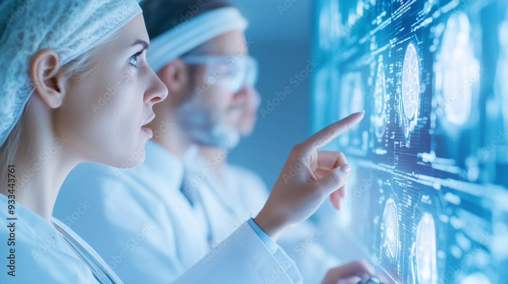 A team of doctors discussing and pointing at various holographic ...