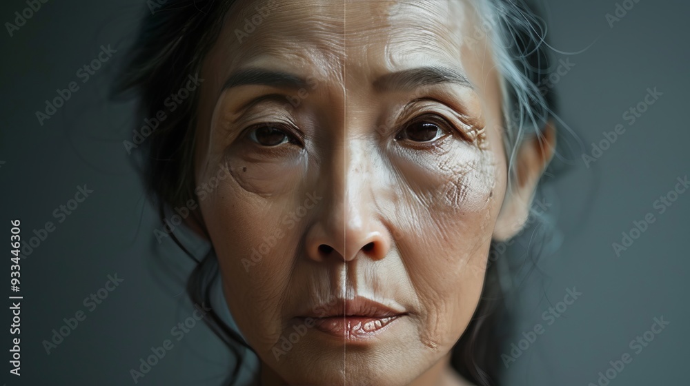 The image is a split screen showing a comparison of a young woman's ...