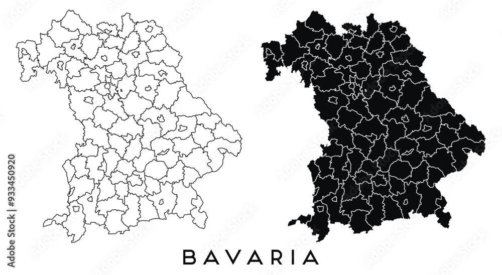 Bavaria map of regions districts vector black on white and outline ...