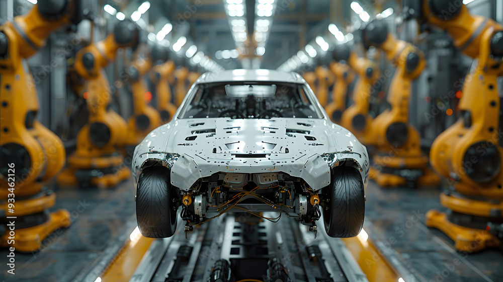 Futuristic car manufacturing process with robotic arms assembling a vehicle on a production line ...