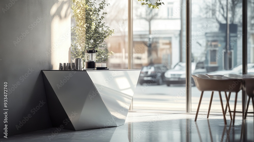 Glass-topped shtender in front of a minimalist coffee shop, modern ...
