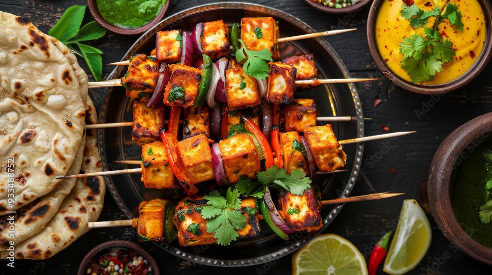 Overhead shot of Indian paneer tikka rolls with grilled paneer, onions, peppers, and mint ...