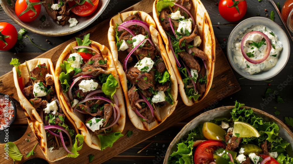 Overhead shot of Korean BBQ beef tacos with bulgogi, kimchi slaw ...