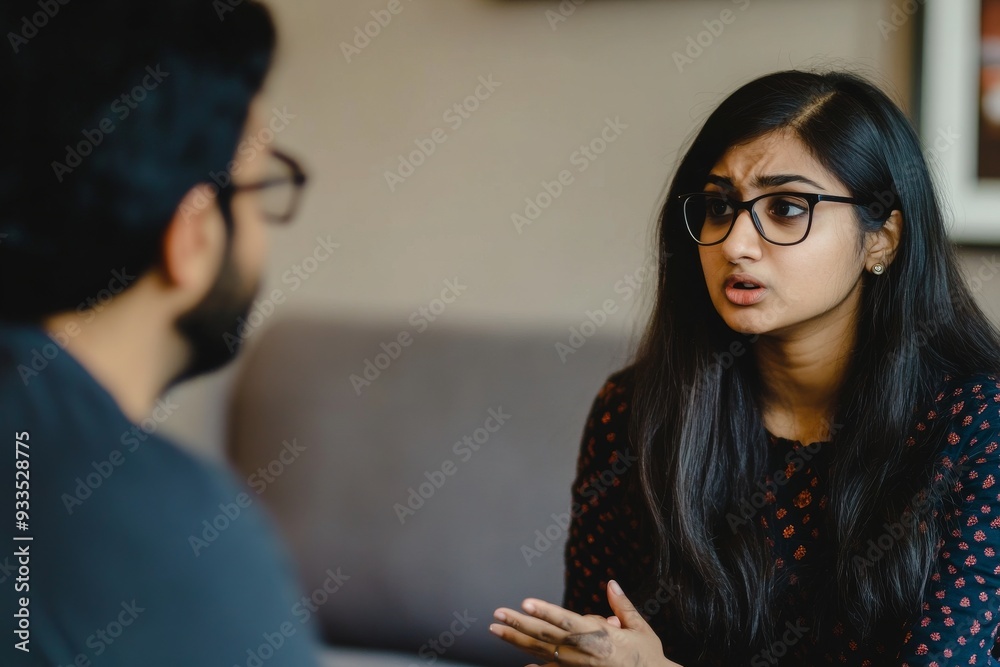 Indian couple having a quarrel, yelling at each other and gesturing ...