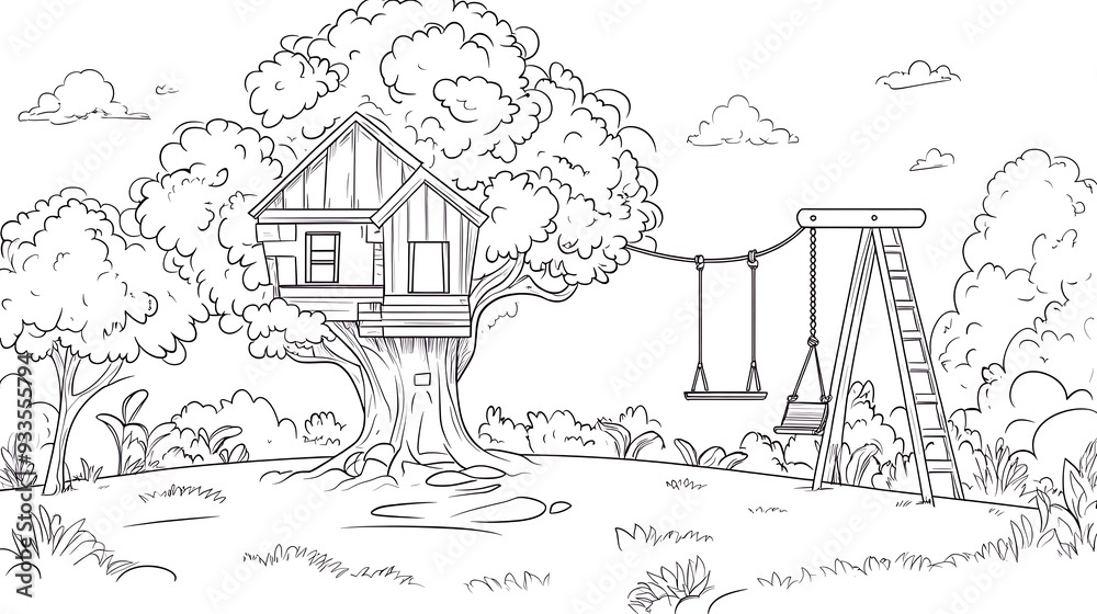 Playful Cartoon Treehouse with Swing and Ladder Outline Drawing for ...
