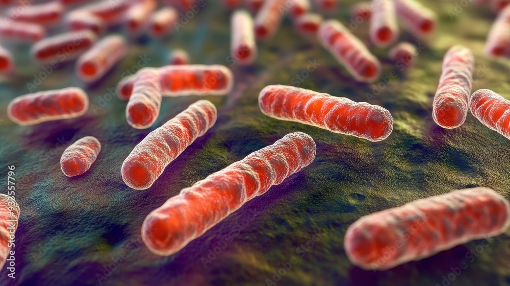 Mycobacterium tuberculosis , rod-shaped bacteria on a surface tissue ...