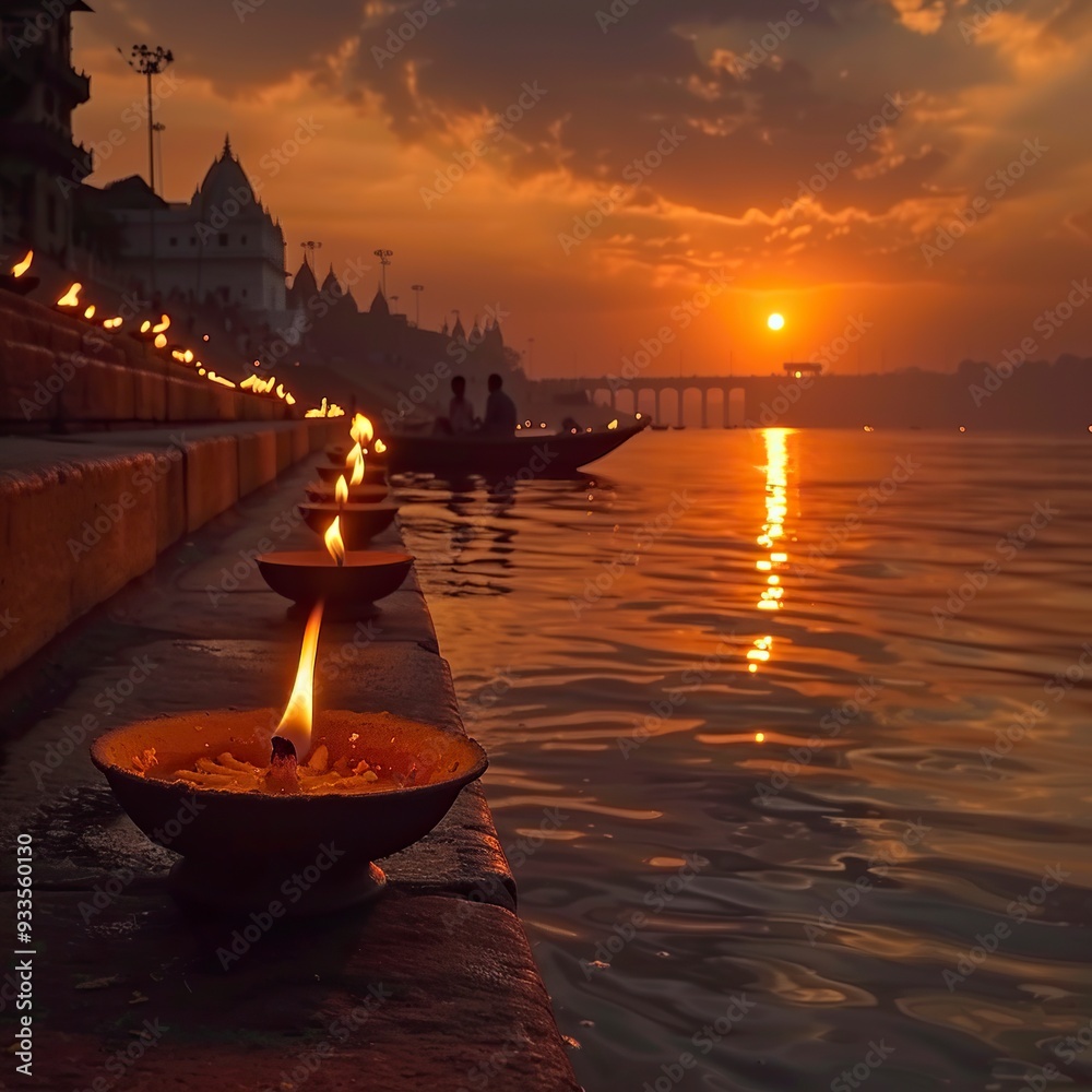 sunset photography of the ghats of Varanasi and the bank of the Ganges ...