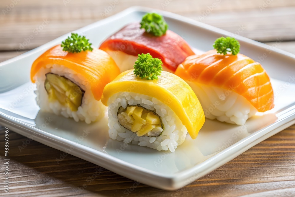 "Crisp, vibrant image of Sushi Set on clean white plate, featuring ...