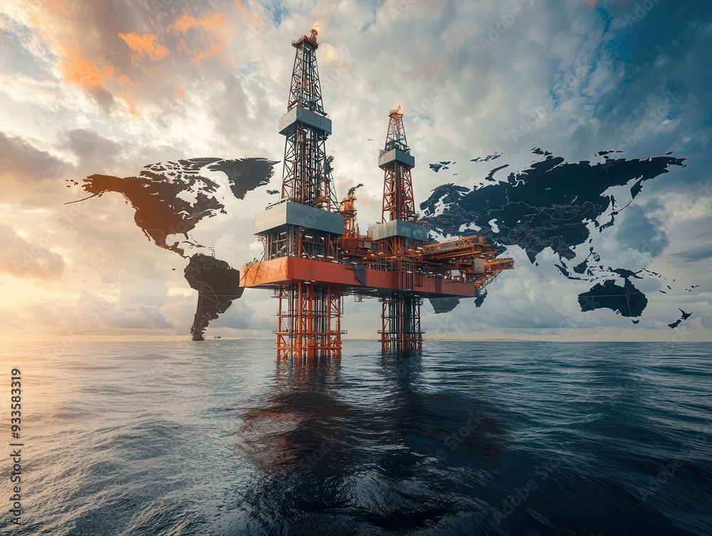 Oil rig in ocean with dramatic sky and world map background ...