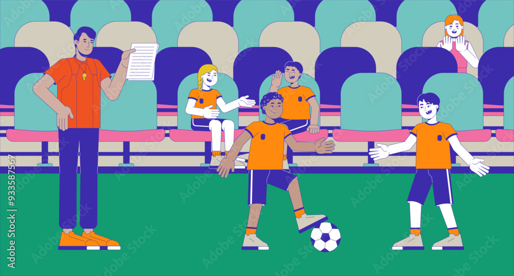 Stadium football coach children practicing cartoon flat illustration ...