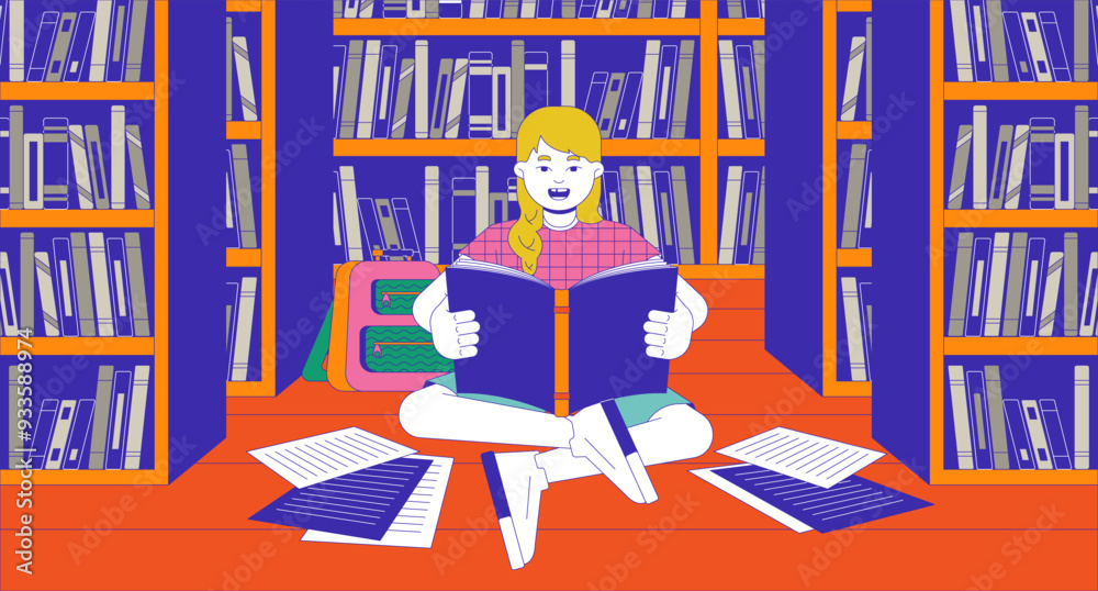 Preteen girl doing homework on library floor cartoon flat illustration ...