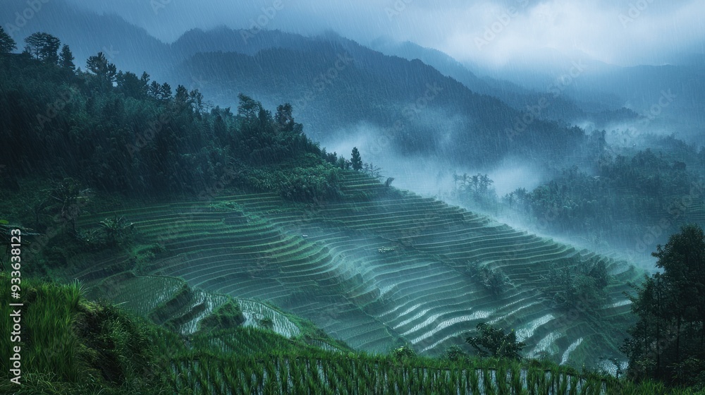 Majestic Monsoon: Dramatic Rainfall Blanketing Terraced Rice Fields in ...