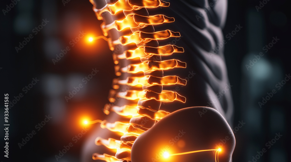 An illuminated depiction of the human spine highlighting vertebrae and ...