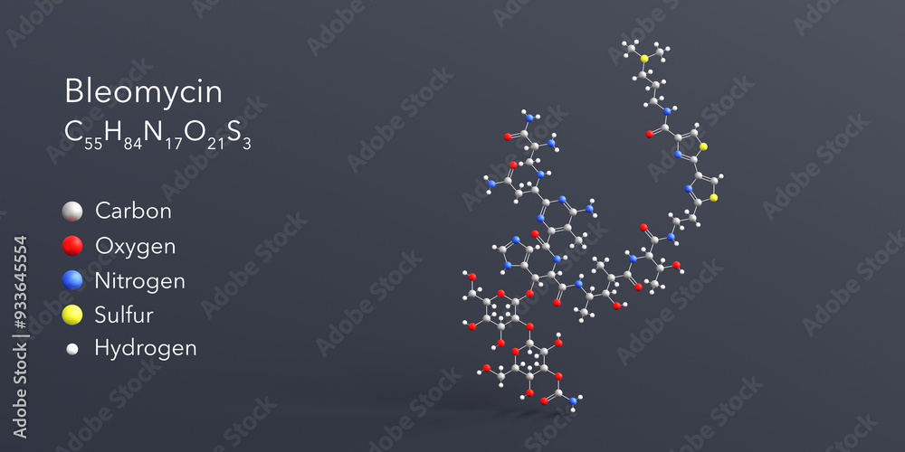 bleomycin molecule 3d rendering, flat molecular structure with chemical ...
