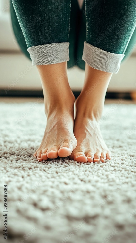 Bare feet on soft carpet, toes gently pressing into plush fibers. Green ...