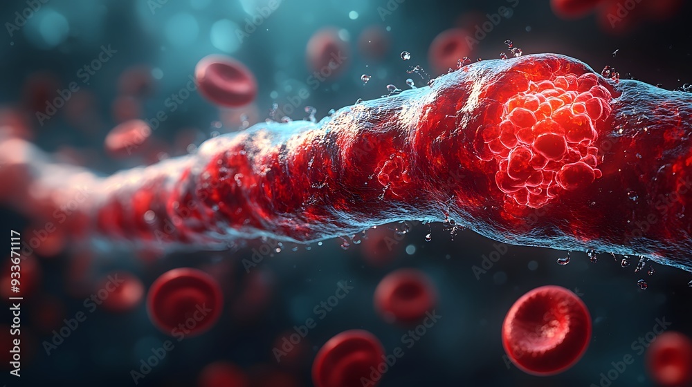 Closeup image of a blood clot in the leg, with detailed rendering of ...