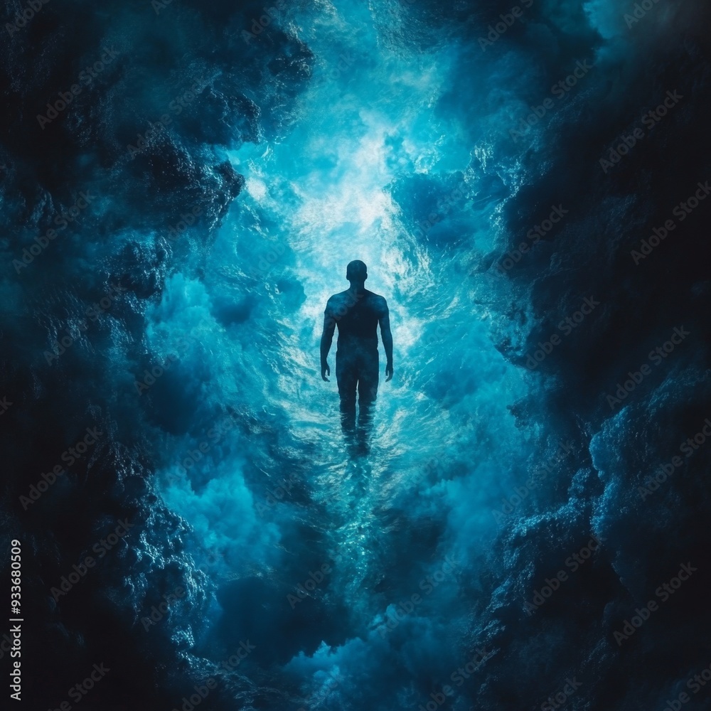Surreal Abstract Depiction of Depression: Solitary Man Floating in Blue ...