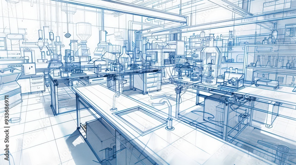 Detailed blueprint of a medical research lab, showing laboratory ...