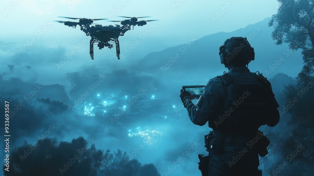 Futuristic Military Technology Concept - Soldier Operating Drone to ...