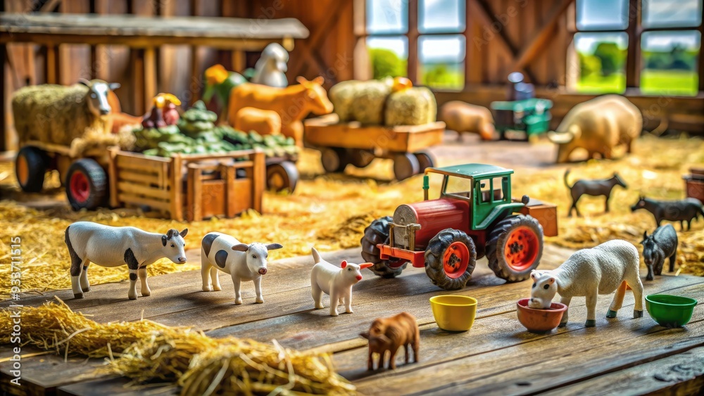 Rustic toy tractors and farm animals made of wood and metal are ...