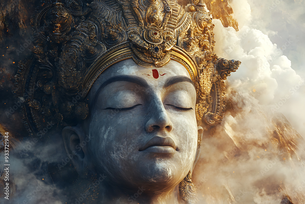 A depiction of Brahma, the Hindu god of creation, shown with his four ...